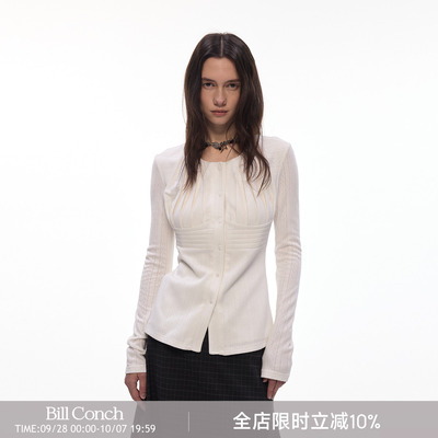 【月光褶皱】BiLLconch镂空肌理感收腰衬衫法式白色针织开衫显瘦