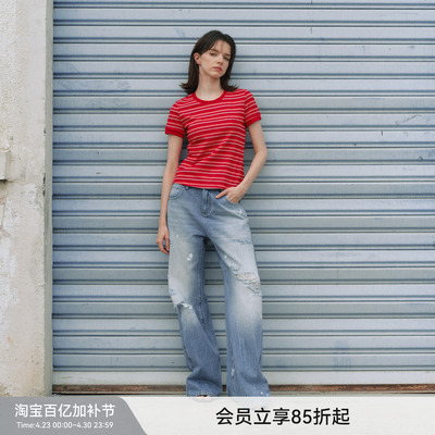 【经纬勋章】BiLLconch原创正肩红白条纹徽章刺绣短t恤显瘦上衣