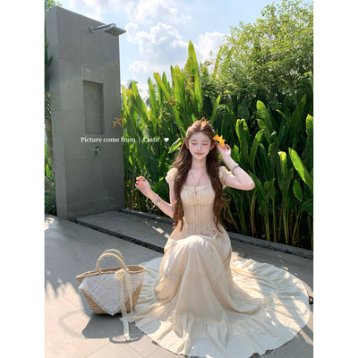 迟伞伞奶黄褶皱短袖/七分袖长裙