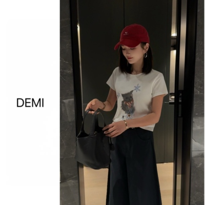 MISS RUILI定制  新款圆领休闲小猫印花刺绣短袖T恤女F1845