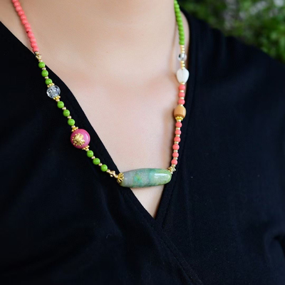 原创颈椎，4mm雪巴珠搭配贝壳莲花，缠丝玛瑙天珠。克重约26.3g