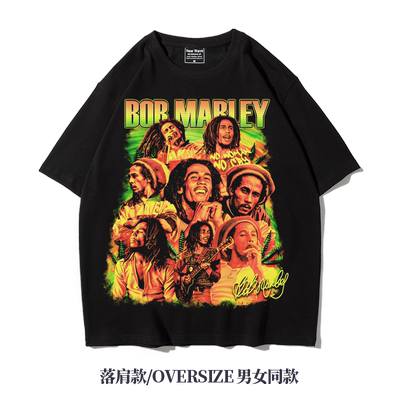 阿美咔叽欧美复古摇滚雷鬼bobmarley鲍勃马利重磅落肩袖T恤男女夏