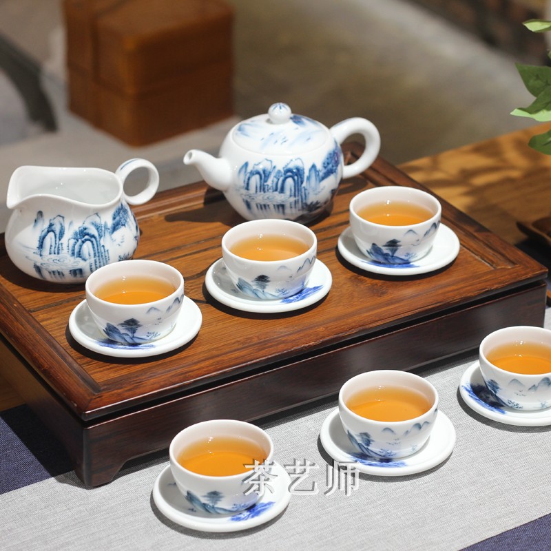 京德贵和祥手绘青花瓷釉下彩山水古式茶壶整套功夫茶具组景德镇