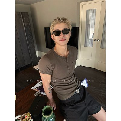 ESC MAN STUDIO/自制 夏季休闲CHIC风亨利领短袖T恤正肩短tee