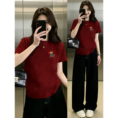新年红正肩短袖T恤女夏2026新款圆领本命年小马设计感小众上衣潮