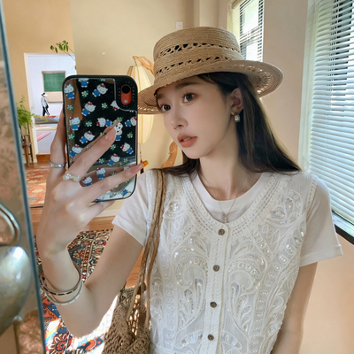 SQ-女织物.韩系手工编织钩花马甲小衫+短袖T恤套装(两件套)2686Q