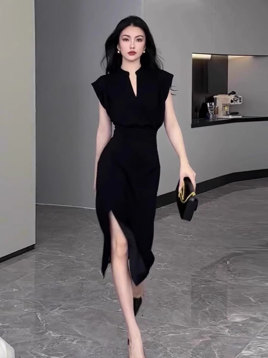 Sandro Moscoloni黑色火辣惊艳连衣裙女秋季设计感轻熟风开叉长裙_虎窝淘