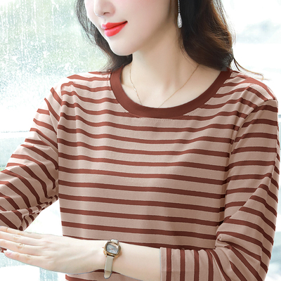 条纹t恤女秋季长袖宽松大码纯棉打底衫中年妈妈遮肚秋衣外穿上衣
