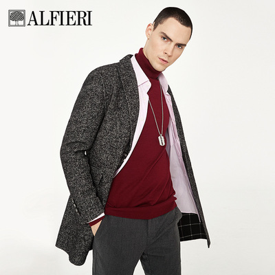 Alfieri艾法利秋冬男士新款羊毛呢中长大衣翻领修身外套风衣