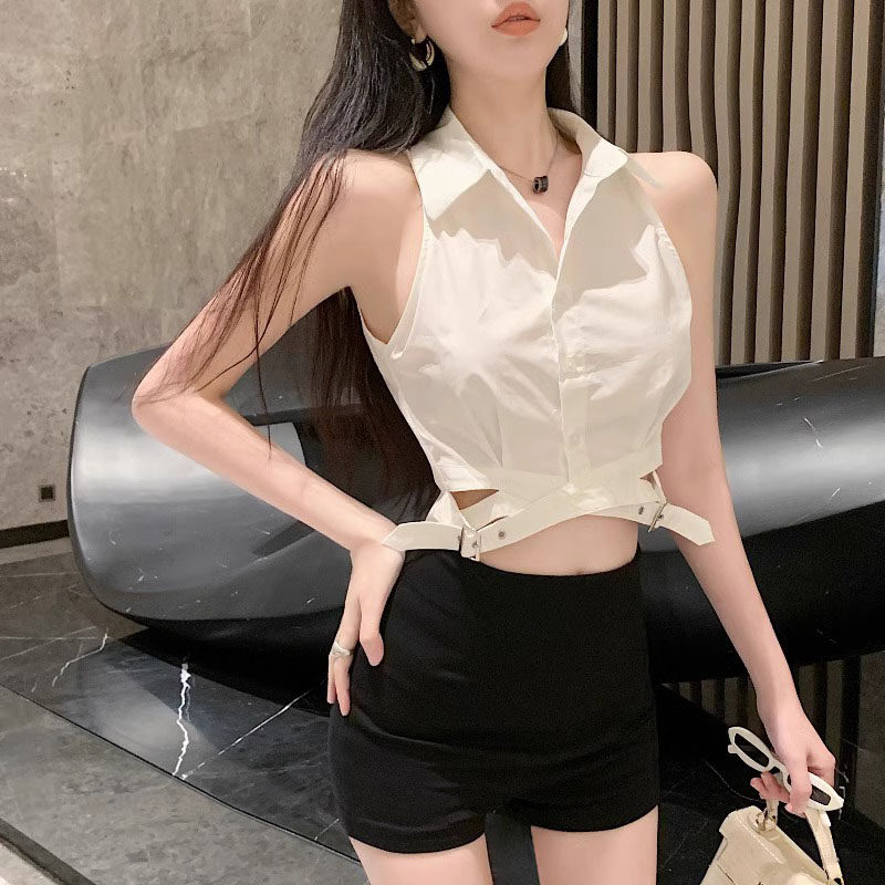 短款修身无袖衬衫背心女装夏季设计感小众纯欲白色衬衣Polo领上衣