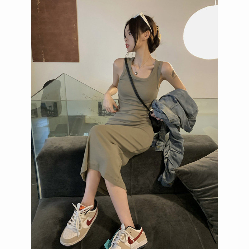 辣妹背心吊带连衣裙女夏季收腰修身显瘦长款过膝包臀裙无袖t恤裙