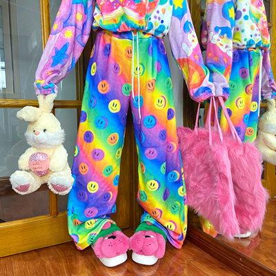 y2k彩色笑脸加绒阔腿裤