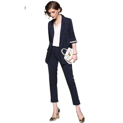 奈昕正品高档货 36231卍条纹修身显瘦套装裤女秋季职业OL长裤高级