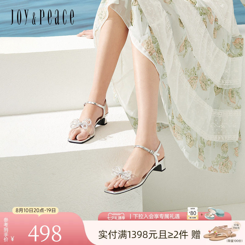 真美诗满天星夏新款甜美蝴蝶结透明一字带粗跟凉鞋女YXQ20BL5