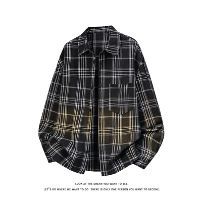 新款春季男高级感衬衣衬衫外套复古日系潮流格子长袖