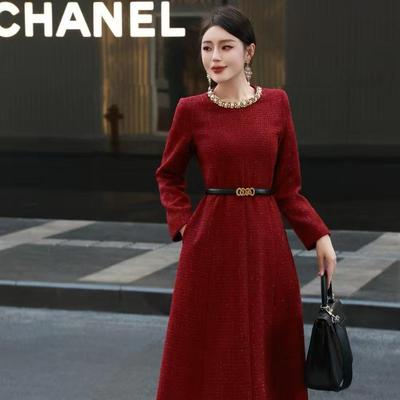 深圳高端显瘦气质长袖洋气秋冬安哥拉红时尚修身中长款订钻连衣裙