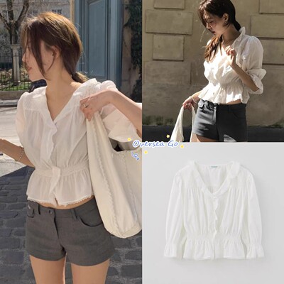 全秀林同款荷叶边小蕾丝收腰衬衫