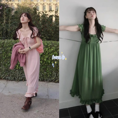 甜美连衣裙长裙粉色荷叶边v领