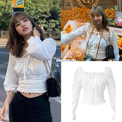Lisa同款方领一字领衬衫上衣女