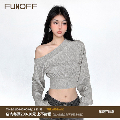 美式复古灰色斜肩收腰长袖卫衣女