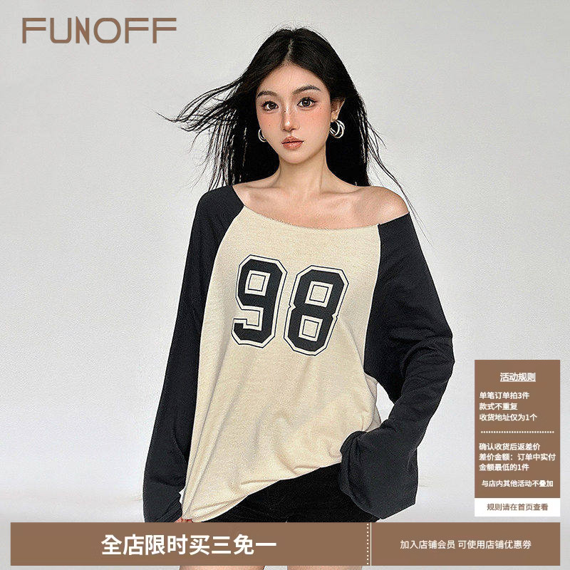 FUNOFF 美式复古数字印花撞色斜肩长袖T恤春秋百搭宽松插肩袖上衣