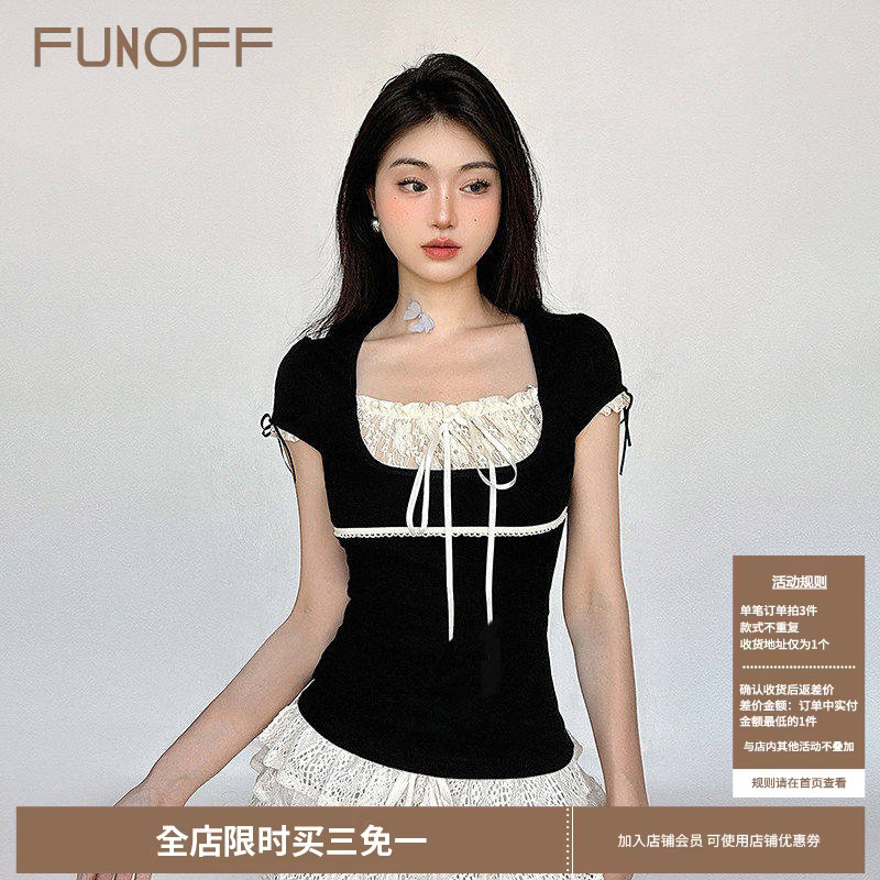 FUNOFF 法式方领撞色蝴蝶结蕾丝黑色短袖上衣甜美方领修身T恤女夏