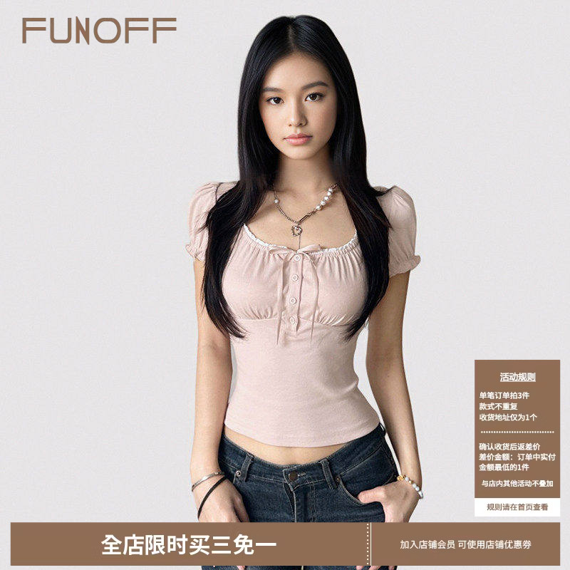 FUNOFF 法式粉色花边收腰泡泡短袖T恤2026春夏简约修身少女感上衣