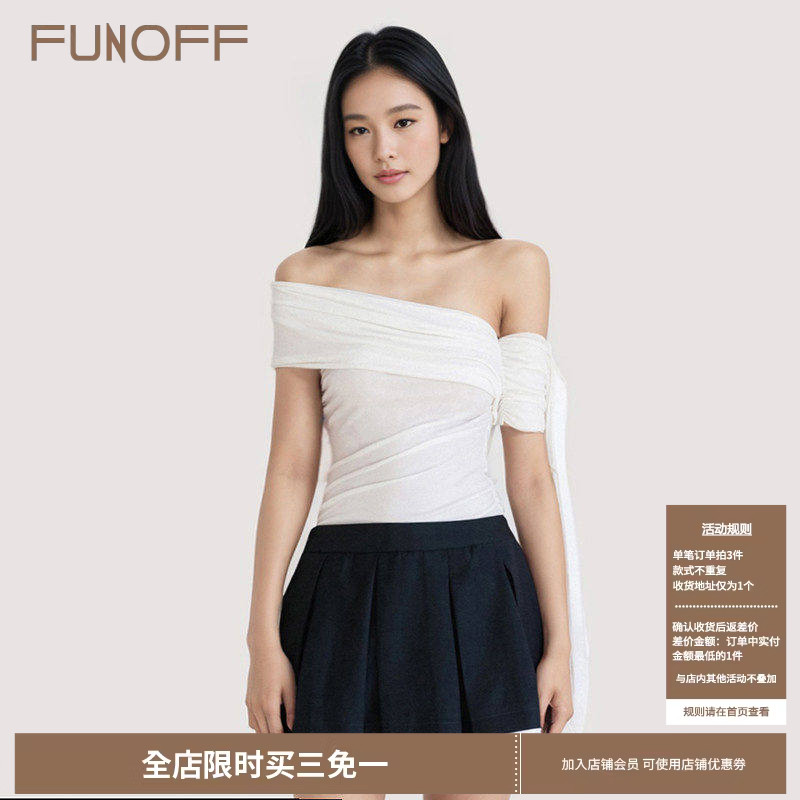 FUNOFF 简约设计感斜肩飘带收腰短袖T恤2026夏修身露肩抹胸上衣女