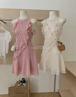 【Y.JIA 伊嘉】纯欲战神气质显白挖肩挂脖荷叶边收腰连衣裙3620-3