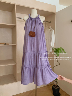 【Y.JIA 伊嘉】礼物感麦穗挂脖裙手工捏褶棉麻A摆连衣裙  3701-3