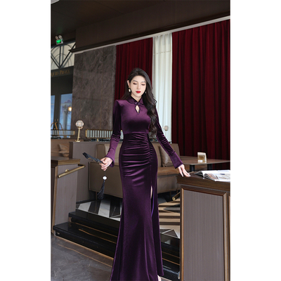 【尤克菲儿】原创设计轻奢高定丝绒褶皱裙纯色修身优雅立领连衣裙