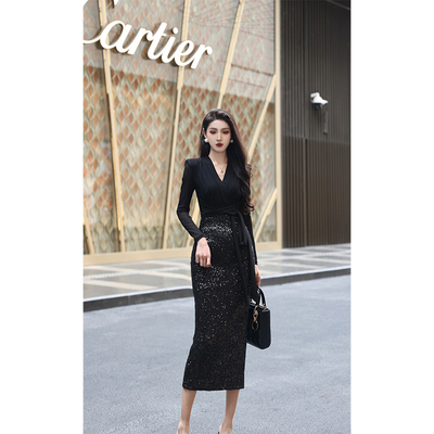 【尤克菲儿】“星吻”轻奢气质优雅高定亮片拼接细带显身连衣裙