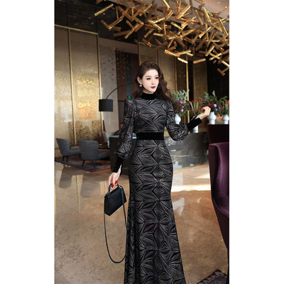 尤克菲儿 高定轻奢丝绒压胶烫金鱼尾裙气质优雅修身显瘦连衣裙