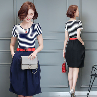 中腰夏季短袖条纹圆领