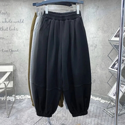 胖MM特大码300斤加绒加厚束脚灯笼裤女冬宽松休闲卫裤老爹裤长裤2