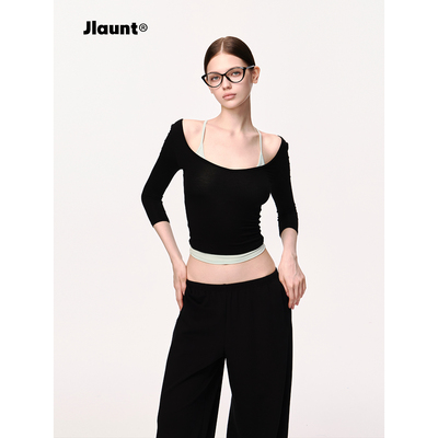 JLAUNT黑色短袖t恤女夏季设计感