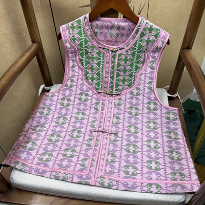 100%桑蚕丝蔓草纹粉绿蜀锦云肩拼接本布扣新中式气质马甲国风搭配