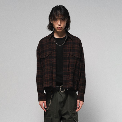 轻薄色织纯棉格纹复古短宽衬衫