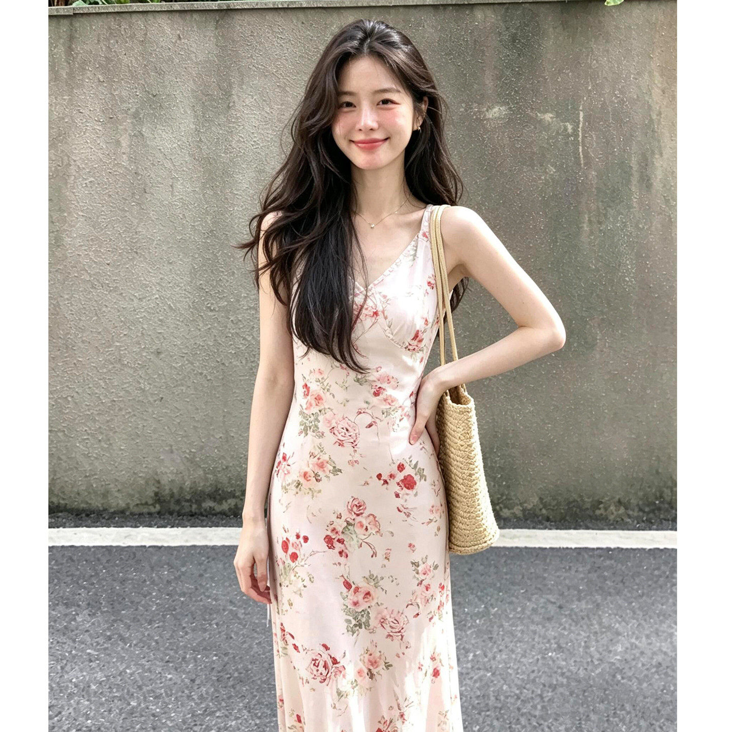 2026新款巨好看法式粉色碎花吊带洋装子女夏季绝美漂亮包臀长裙