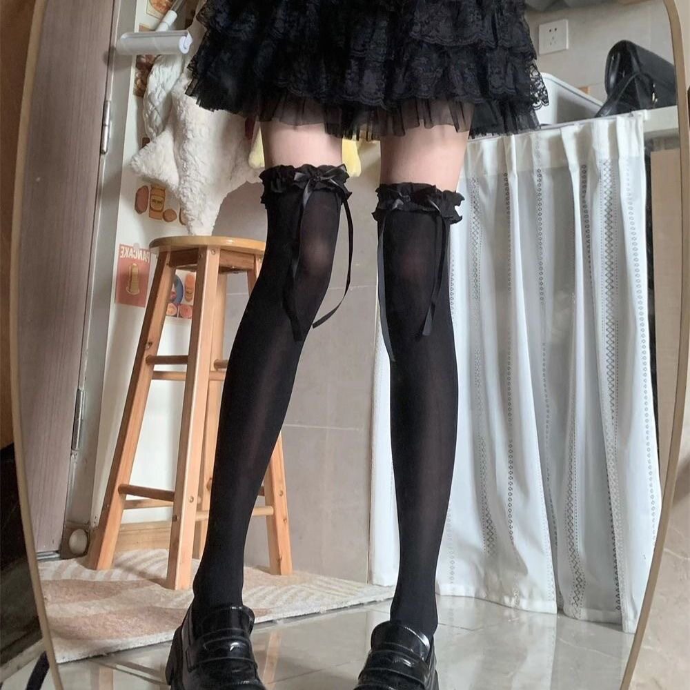 Lolita白色过膝袜夏季薄款天鹅绒高筒大腿袜纯欲花边蝴蝶结长筒袜