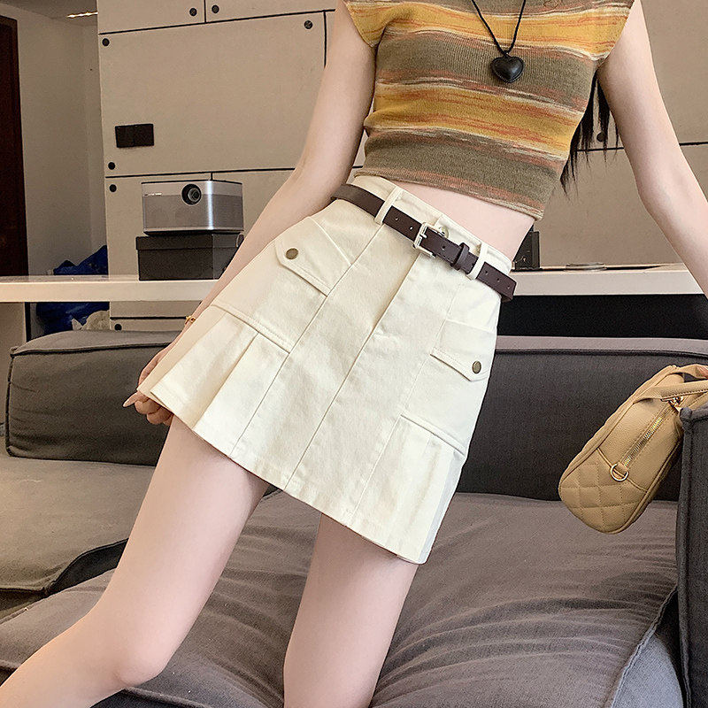 卡其色工装百褶半身裙女夏季高腰显瘦甜辣妹小个子防走光蓬蓬短裙