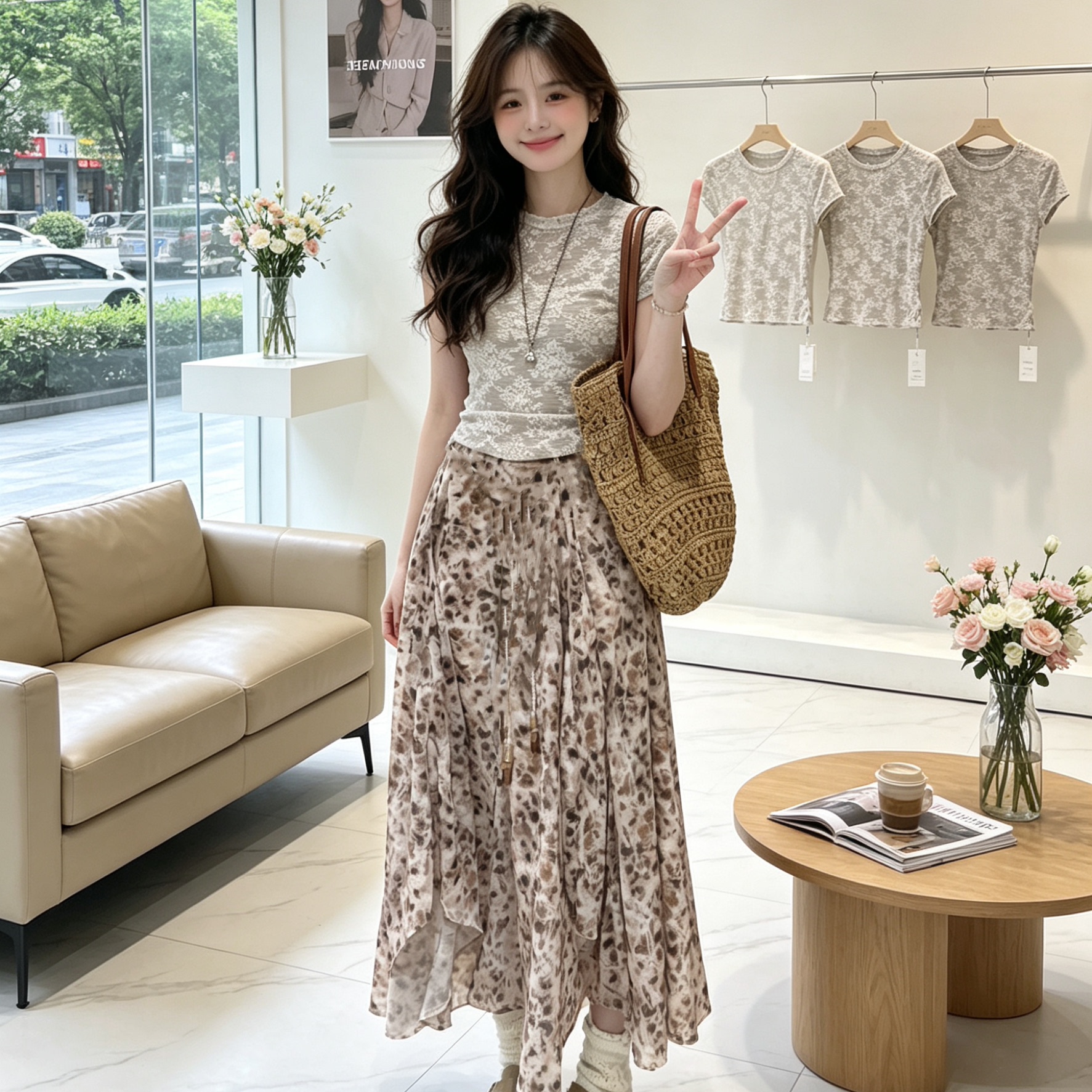 2026超火穿搭一整套法式甜美蕾丝短袖T恤女夏季高腰半身裙两件套