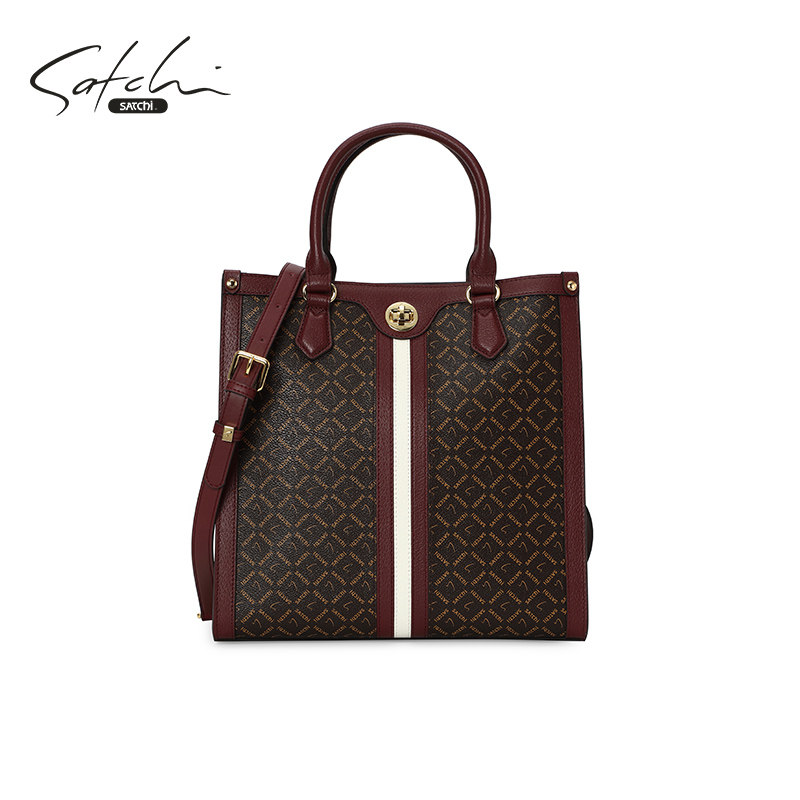 SATCHI/沙驰女包品牌大气手提包老花配皮托特包时尚通勤单肩包_虎窝淘