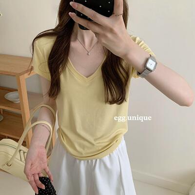 egg.unique奶芙T韩版莫兰迪12色短袖V领显瘦收腰上衣正肩少女短袖