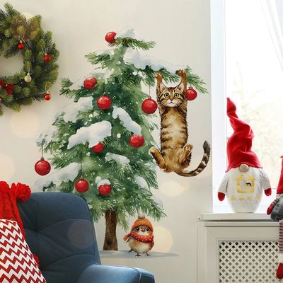 1pc Cat Climbing Christmas Tree Wall Stickers Removable PVC