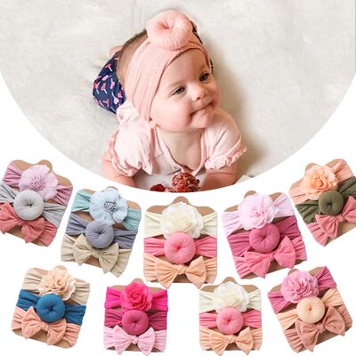 3Pcs/Lot Solid Nylon Baby Headbands Lace Flower Bow Hair Ban