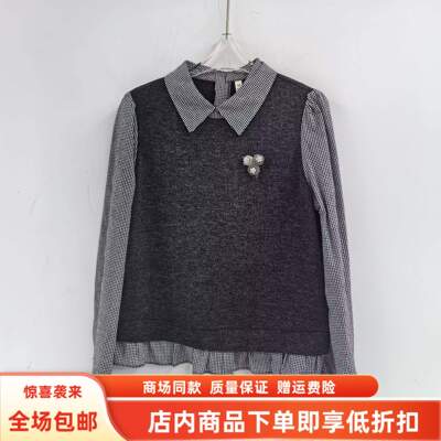 FCLF12351春装2026女款时尚休闲格子针织拼接衬衫减龄假两件小衫