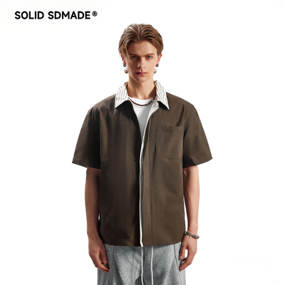 SOLID SDMADE 美式假两件条纹拼接短袖衬衫男女夏季凉感开衫衬衣