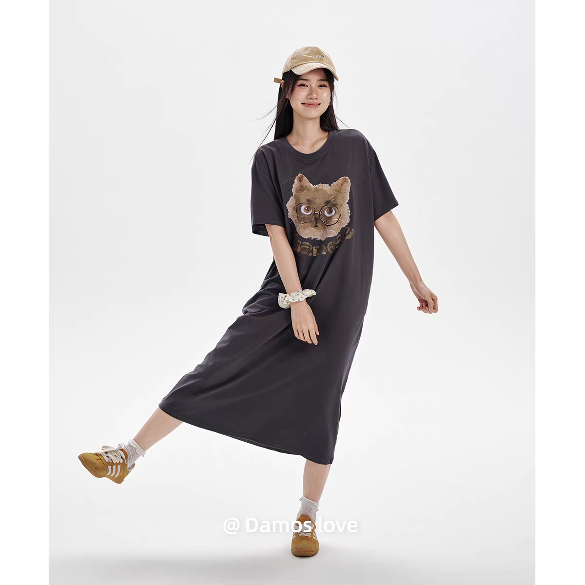 黛梦思慵懒风睡裙女夏季纯棉短袖卡通家居服宽松可外穿薄款睡衣女