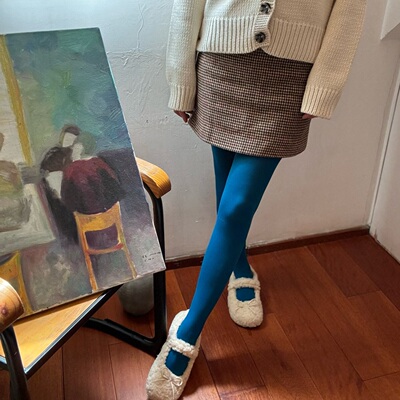 文艺油画风孔雀蓝连裤袜春秋复古